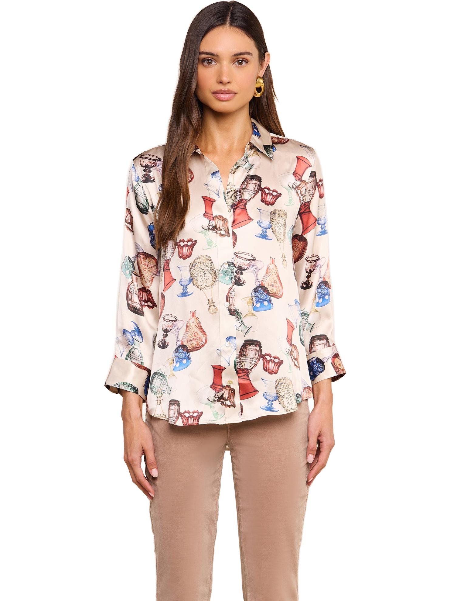 L'AGENCE L'AGENCE Dani Silk Blouse with Vintage Glassware Print and 3/4 Sleeves